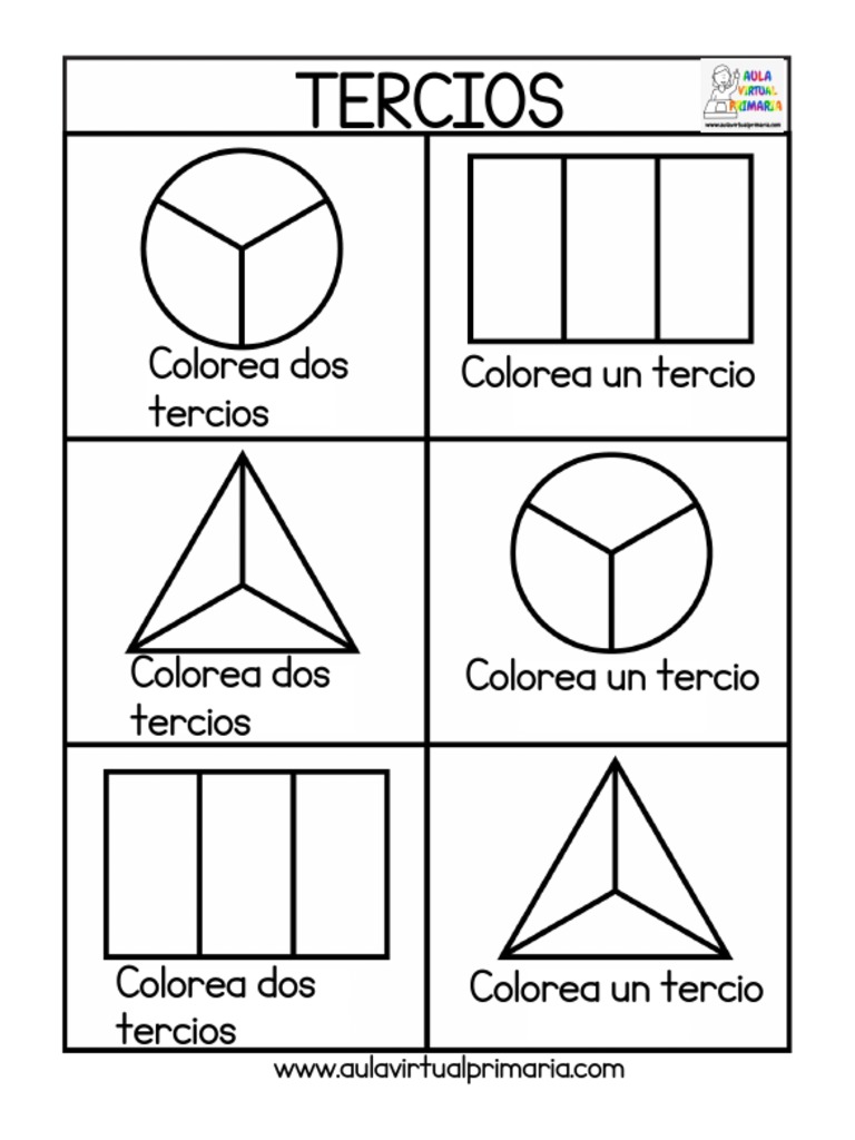 Colorea Fracciones Tercios y Cuartos | PDF