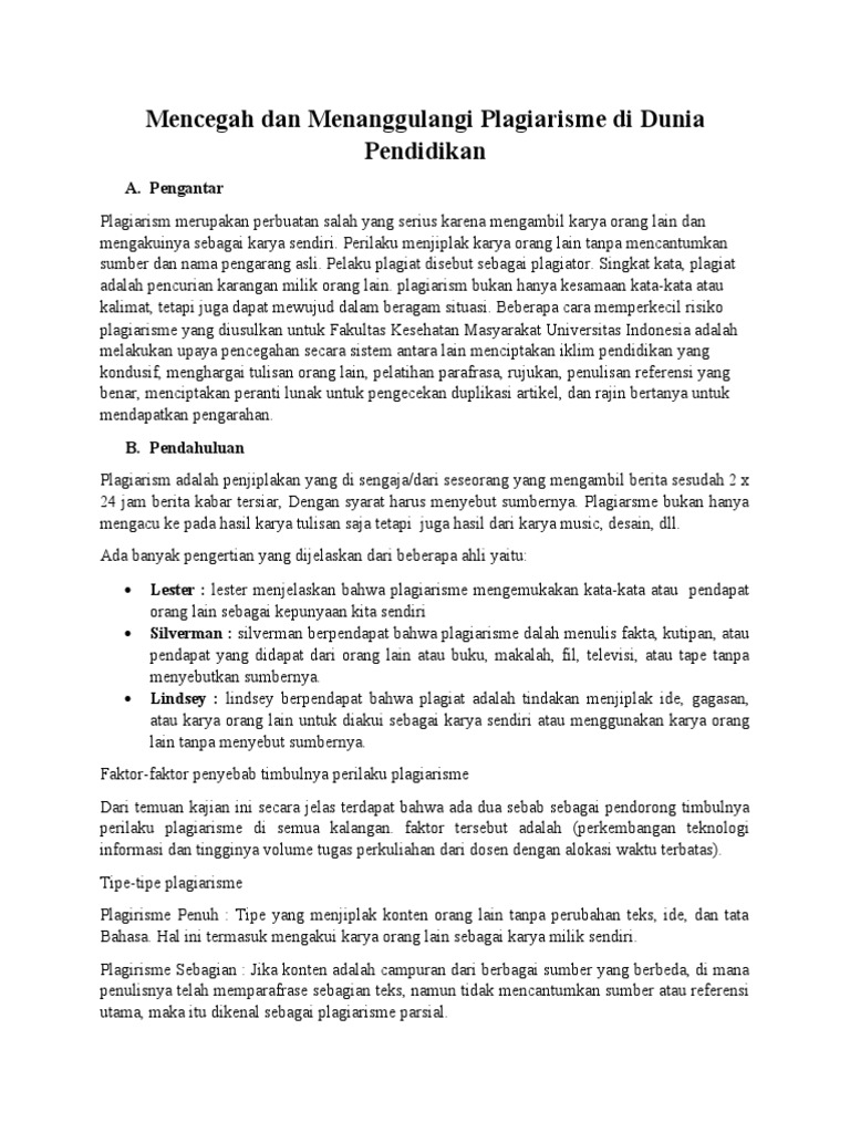 Mencegah Dan Menanggulangi Plagiarisme Di Dunia Pendidikan | PDF