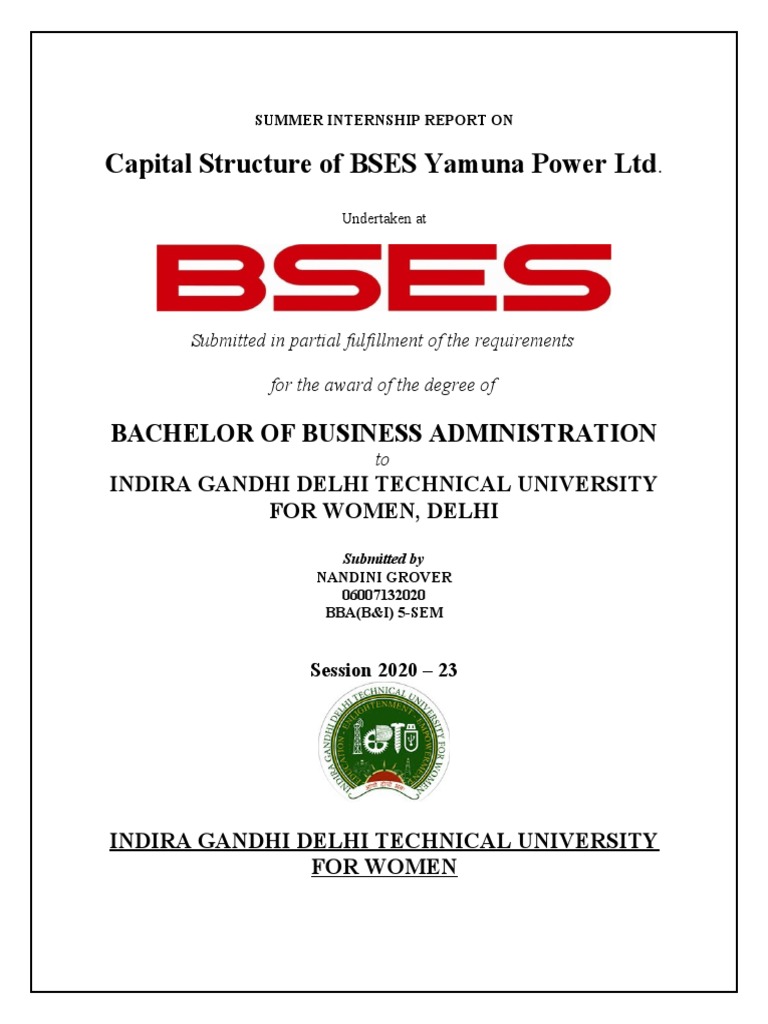 Analysis of the Capital Structure of BSES Yamuna Power Limited based on an Internship Report ...
