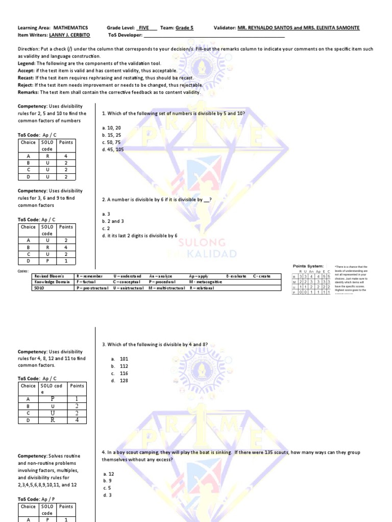 Q1-Math-Midyear-Assessment-Grade 5 | PDF | Metacognition | Arithmetic