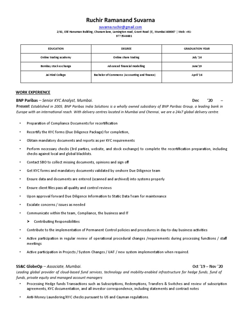 Ruchir Suvarna - Resume - V6 | PDF | Money Laundering | Financial Services