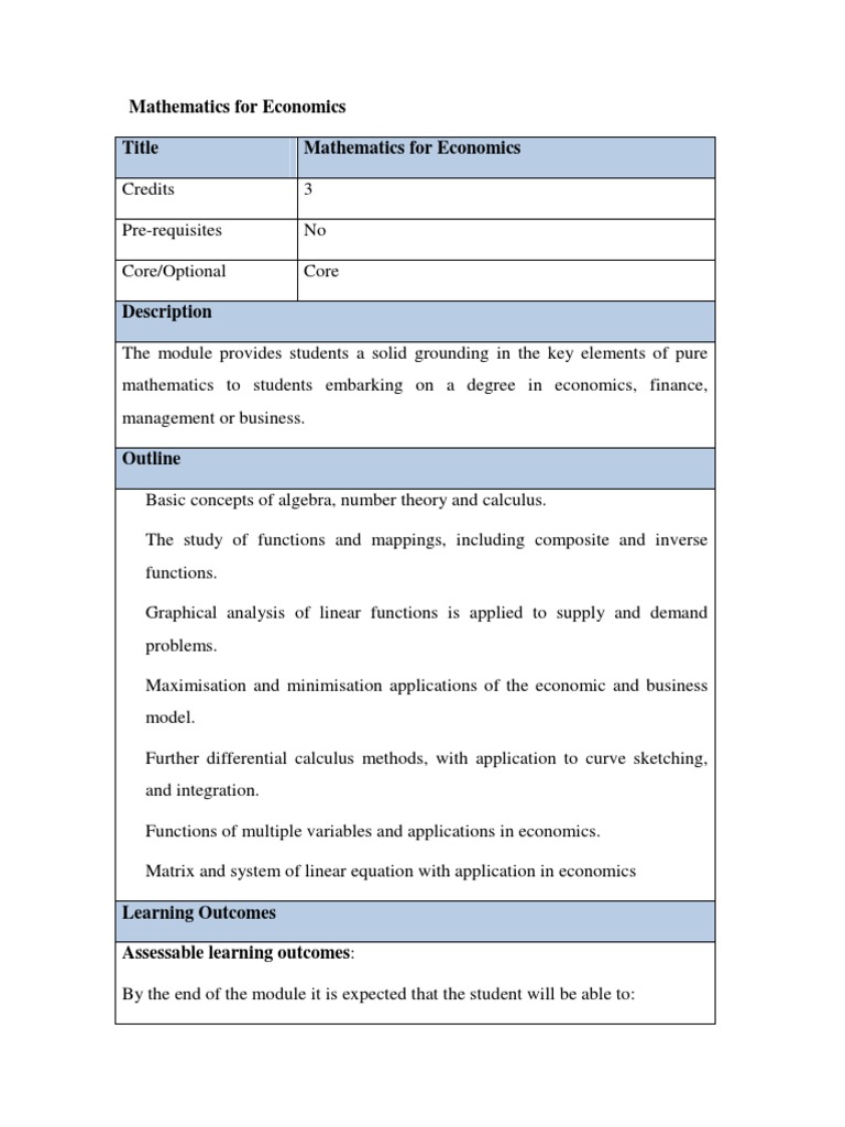 Mathematics for Economics Syllabus | PDF