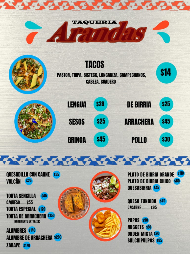 Menú de Taquería Arandas | PDF | Alimentos | Cocina de las Americas
