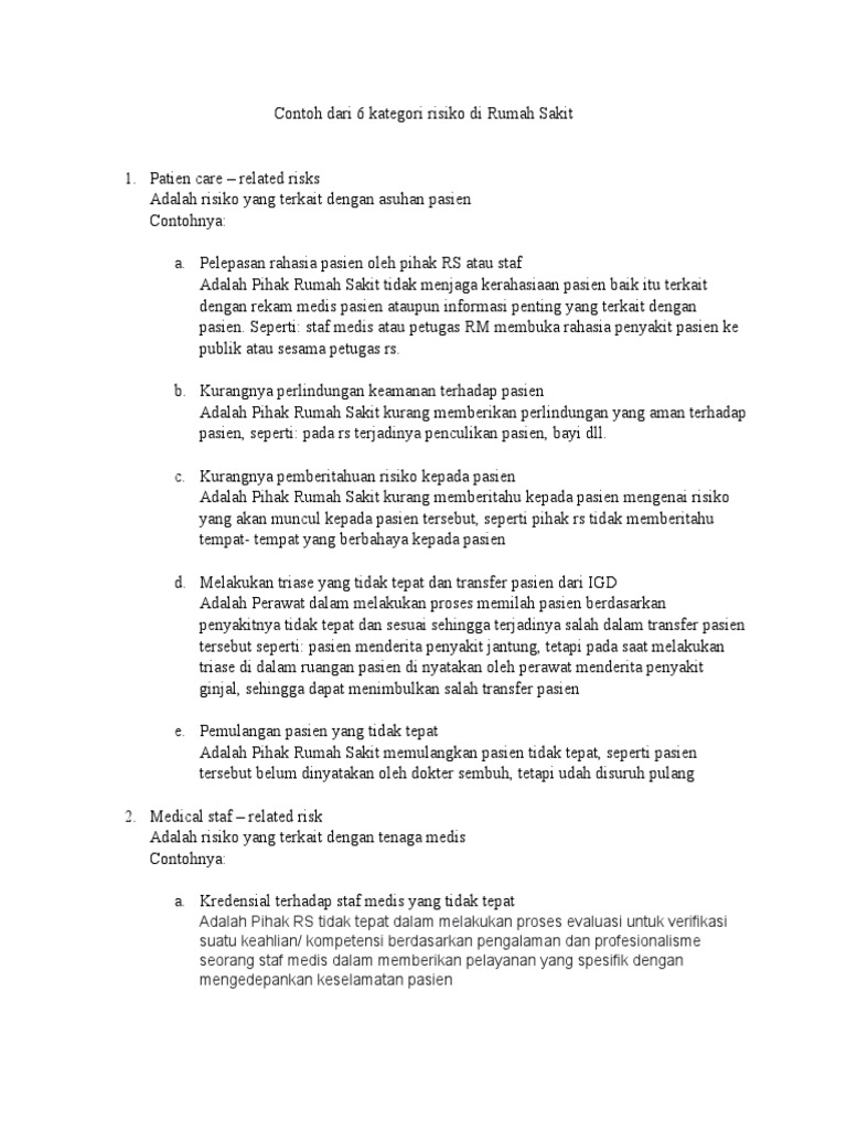 Contoh Dari 6 Kategori Risiko Di Rumah Sakit | PDF