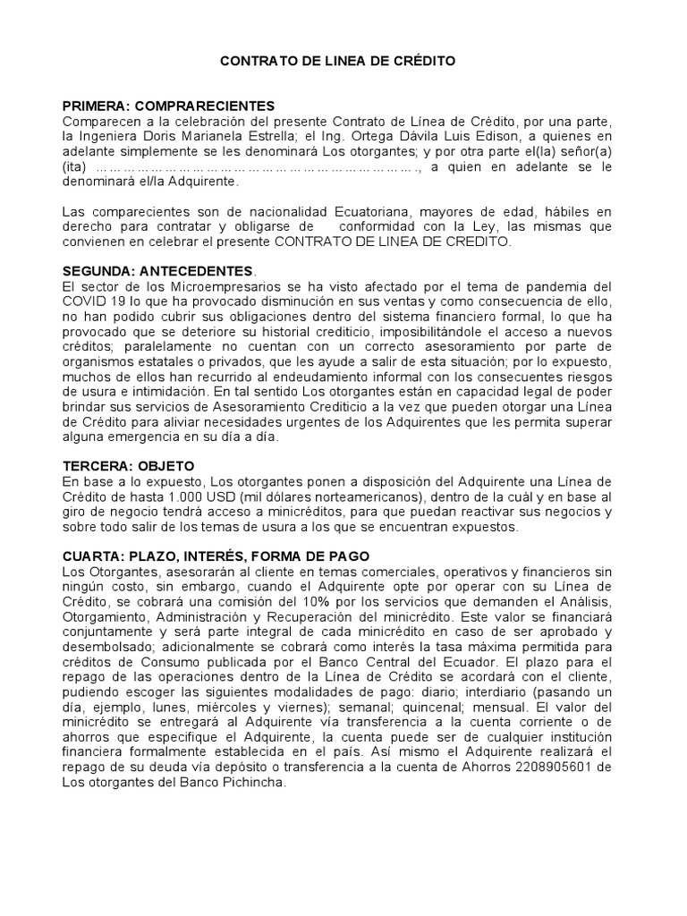 Contrato de Linea de Crédito Primera: Comprarecientes | PDF | Bancos ...