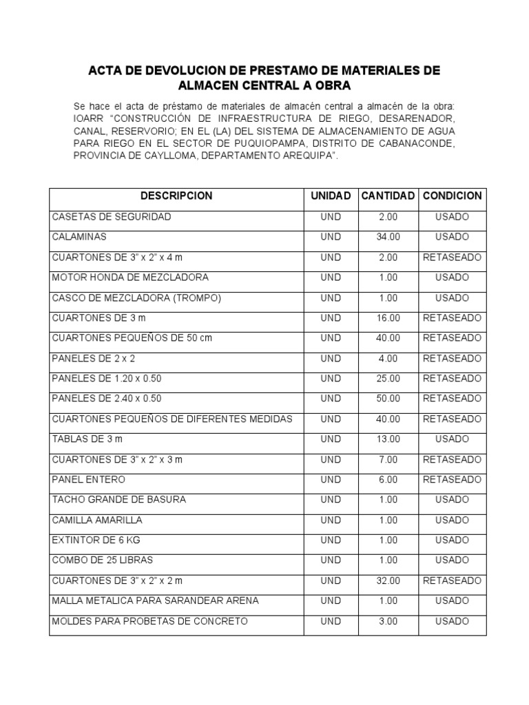 Acta de Devolucion de Prestamo de Almacen Central A Obra | PDF