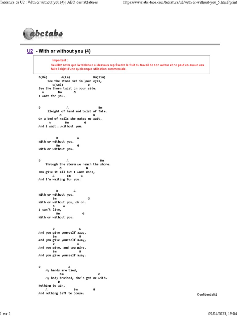 Tablature de U2 With or Without You (4) ABC Des Tablatures | PDF