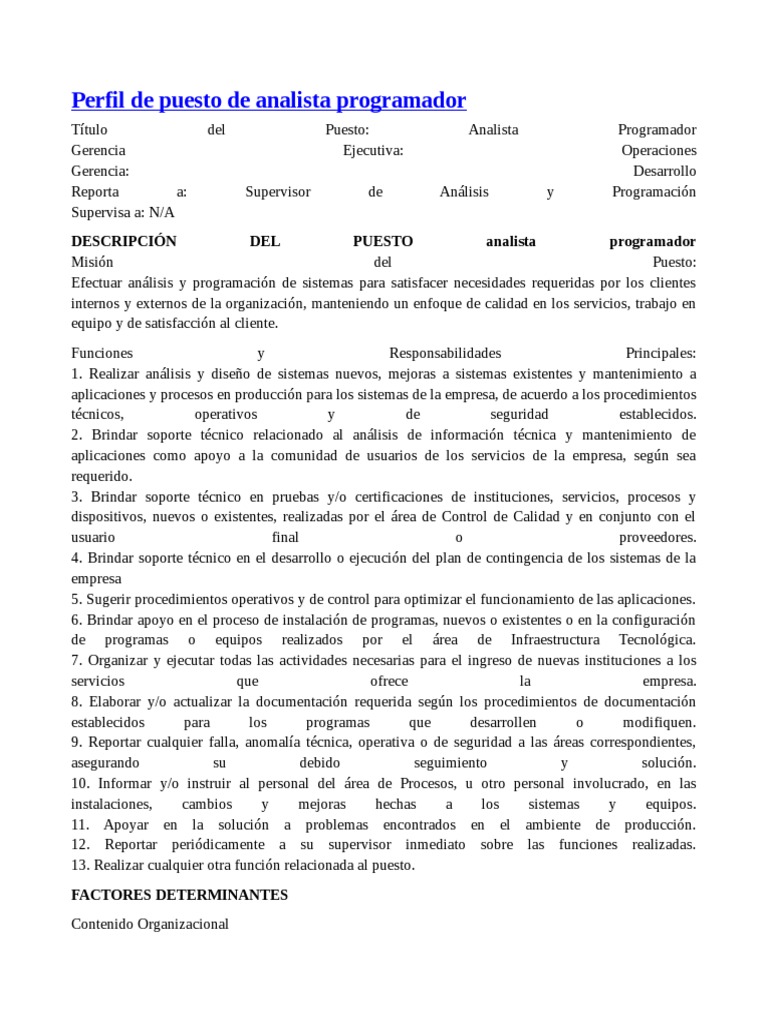Perfil de Puesto de Analista Programador | PDF | Calidad (comercial ...