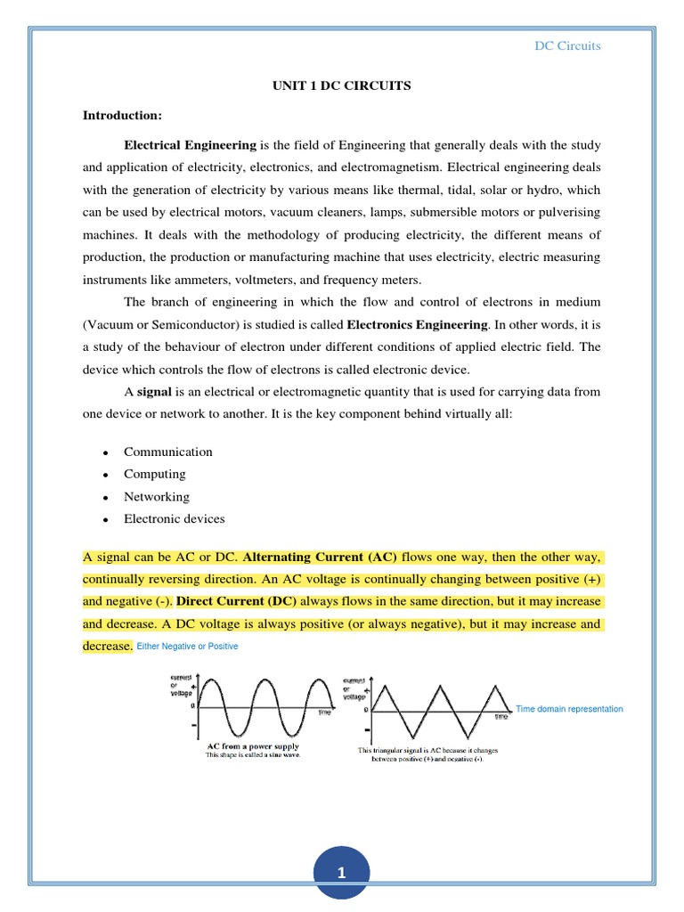 Unit 1 DC Circuits Electrical Engineering Is The Field of Engineering That Generally Deals With ...