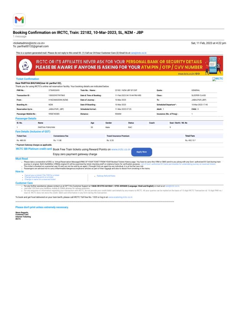 Booking Confirmation On IRCTC, Train: 22182, 10-Mar-2023, SL, NZM - JBP ...