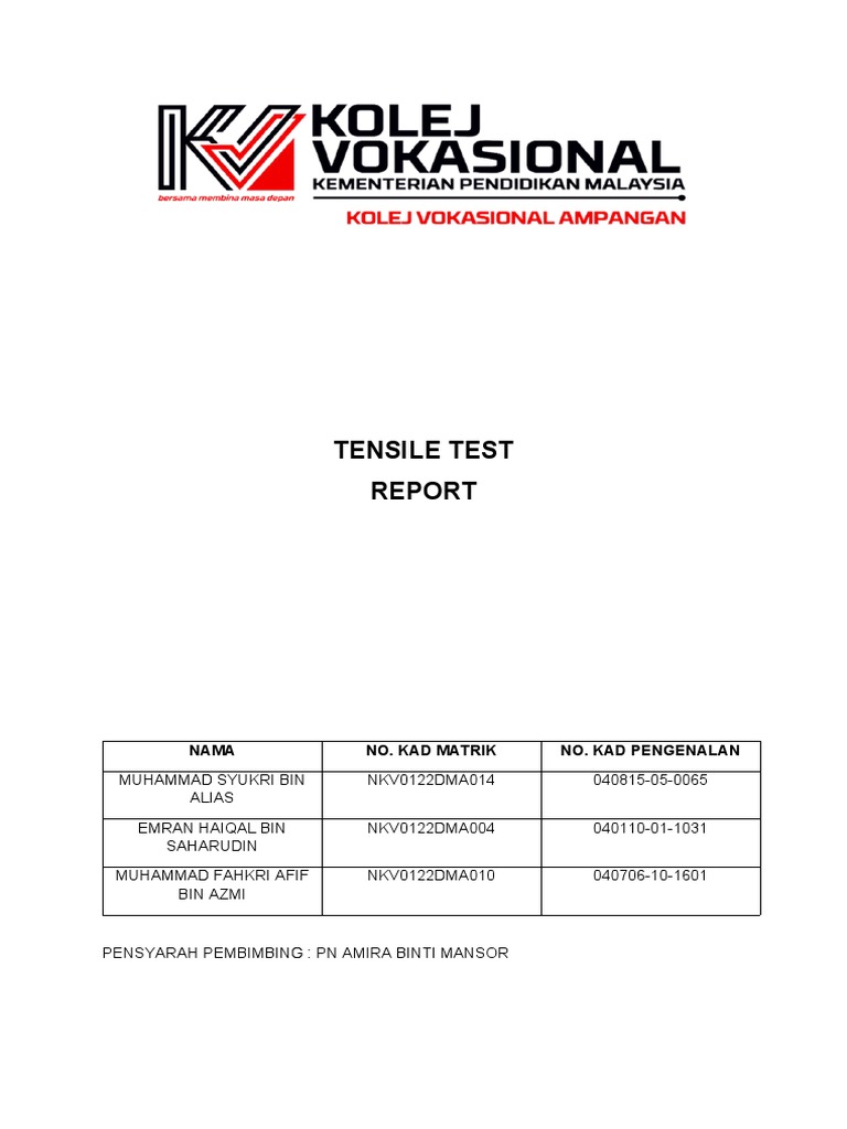 Tensile Test: Nama No. Kad Matrik No. Kad Pengenalan | PDF | Metode ...