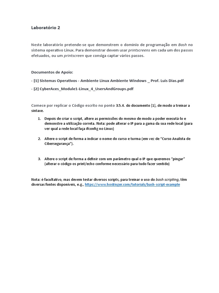 Laboratório 2 - Bash Script LINUX | PDF