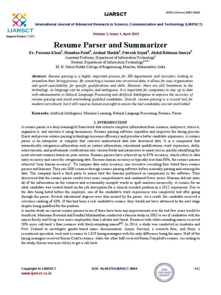 Resume Parser and Summarizer | PDF | Html | World Wide Web
