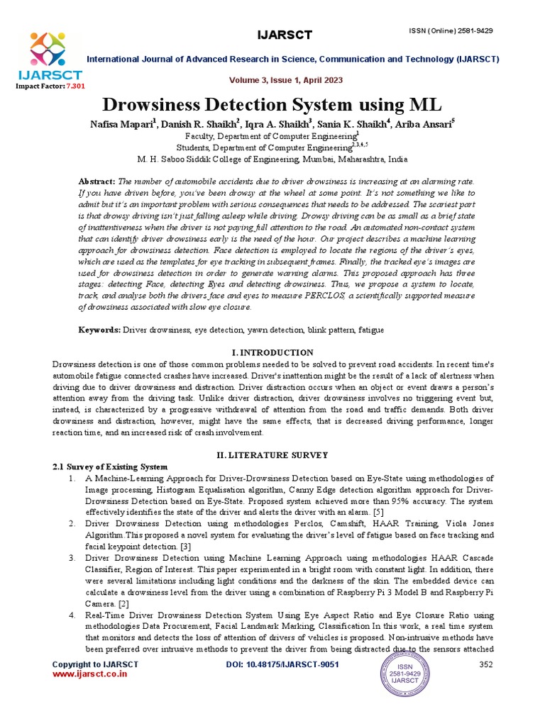 Drowsiness Detection System Using Ml Pdf Computer Science Computing