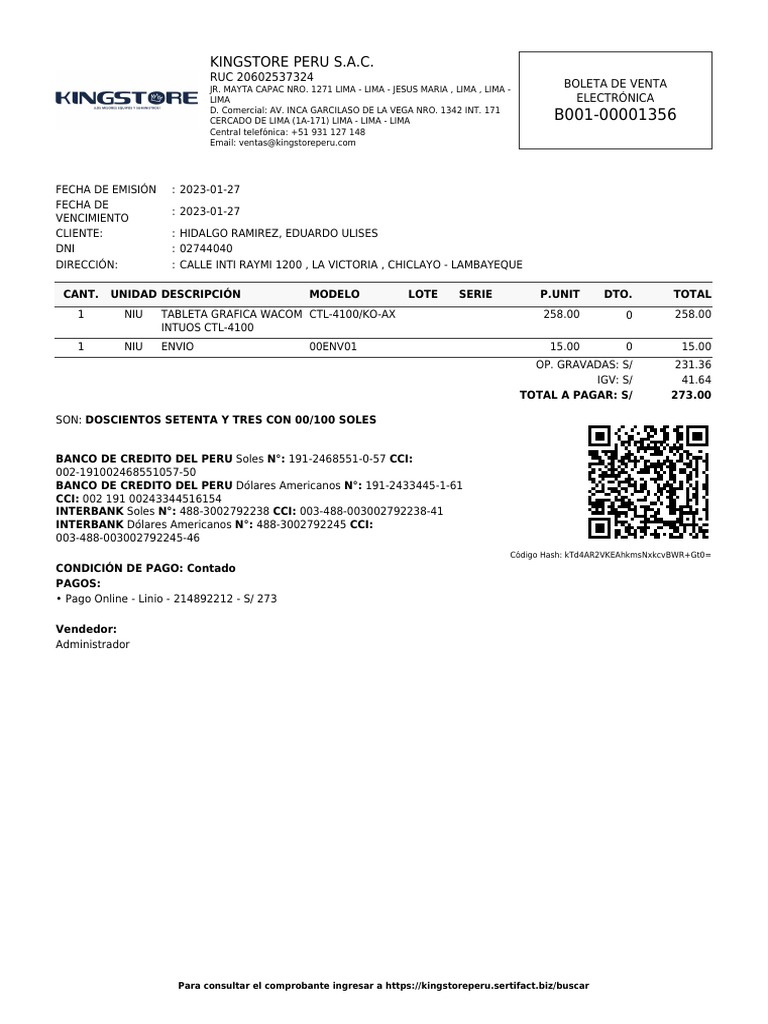 Kingstore Peru S.A.C.: RUC 20602537324 Boleta de Venta Electrónica | PDF