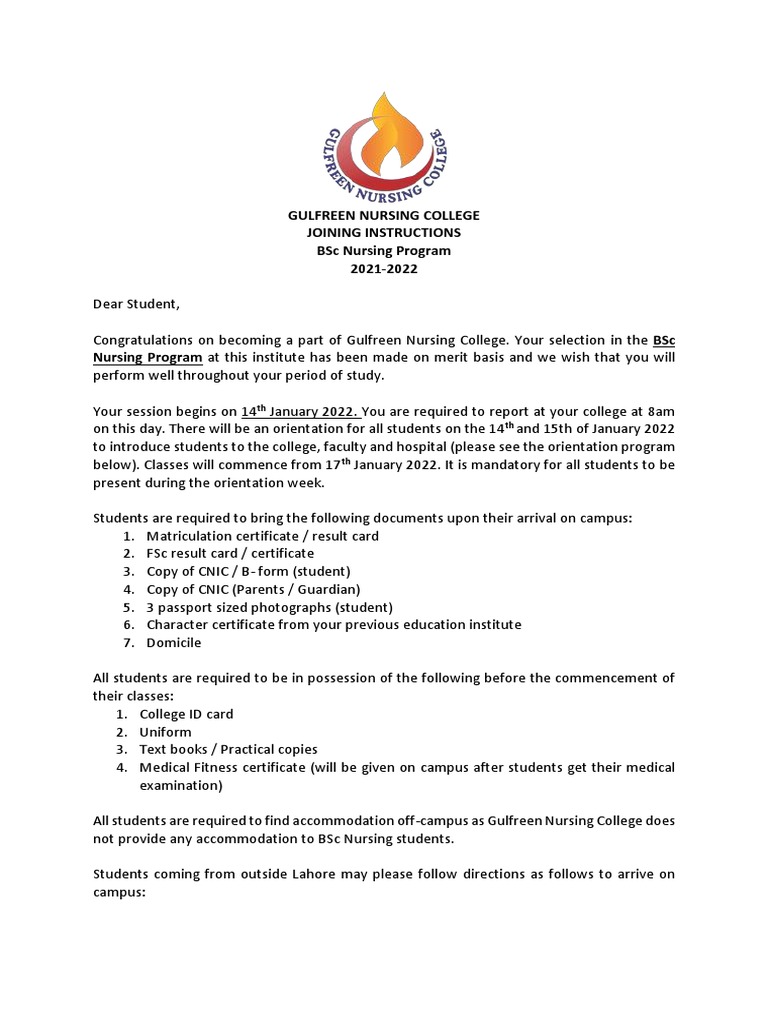 Joining and Orientation Instructions BSN 2021 22 Gulfreen Nursing College | Download Free PDF ...