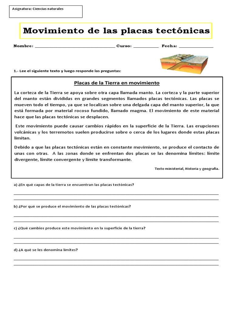 Guía Movimientos de Las Placas Tectonicas 4° Basico | PDF | Placas tectónicas | Temblores