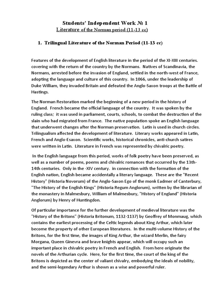 SIW_1_ Middle English_Norman Literature (копия) 2 | PDF | King Arthur | Chivalric Romance