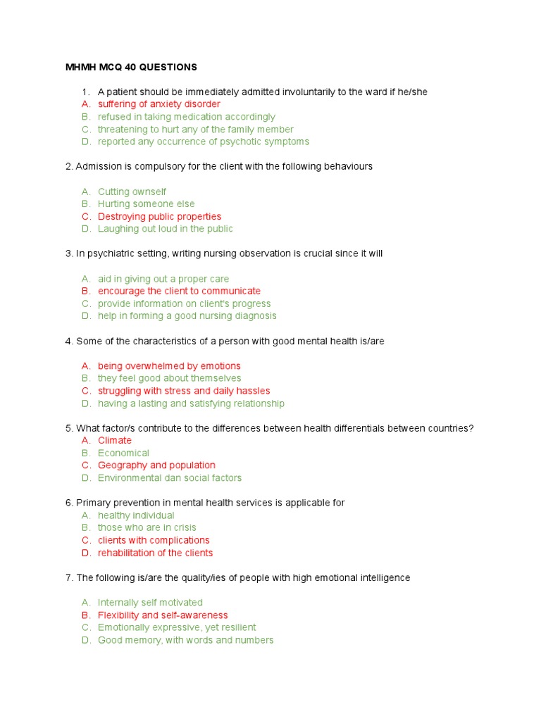 Trial MCQ MHMH | PDF | Mental Disorder | Psychiatry