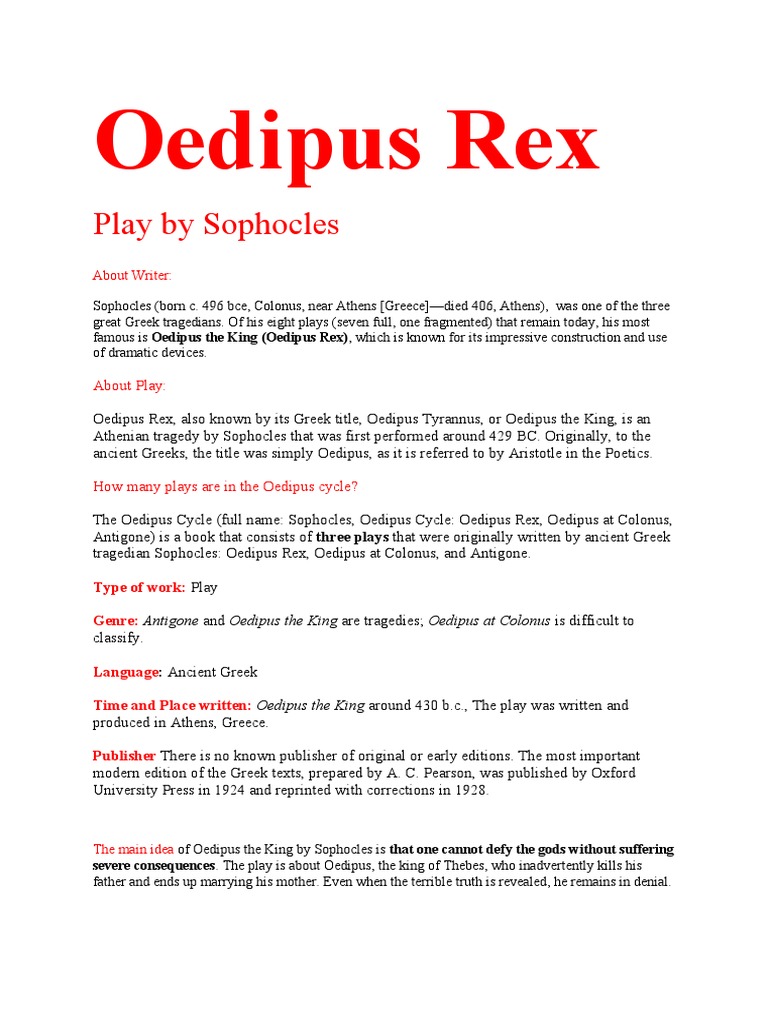 Sophocles' Oedipus Rex Play Summary in 38 Characters | PDF | Sophocles ...