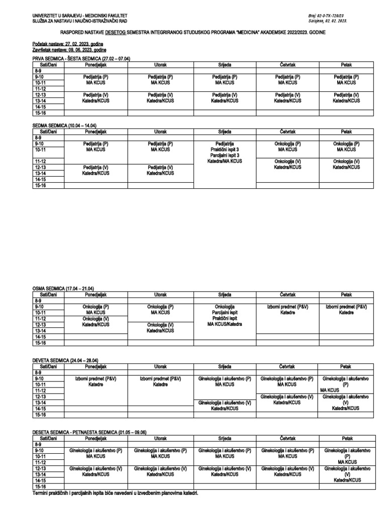 BHS 10 Semestar Raspored | PDF