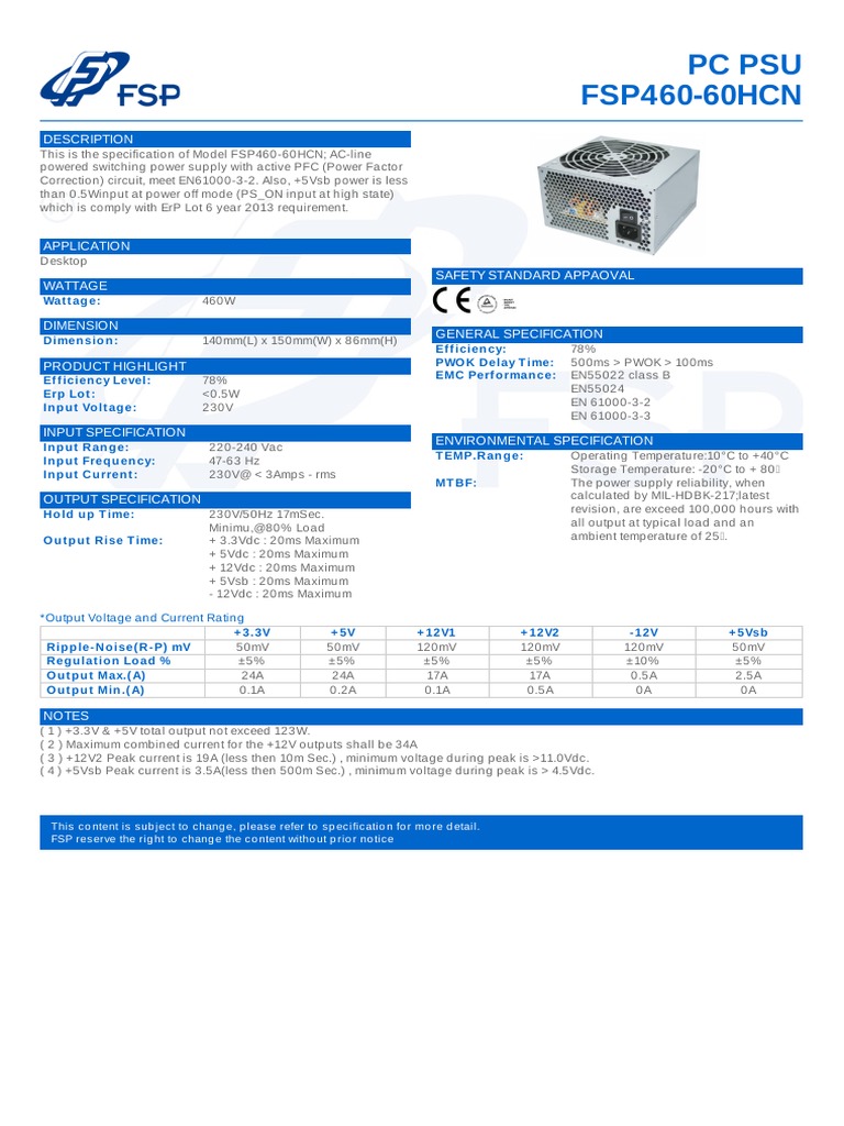 PC Psu FSP460-60HCN: Description | PDF | Power Supply | Metrology
