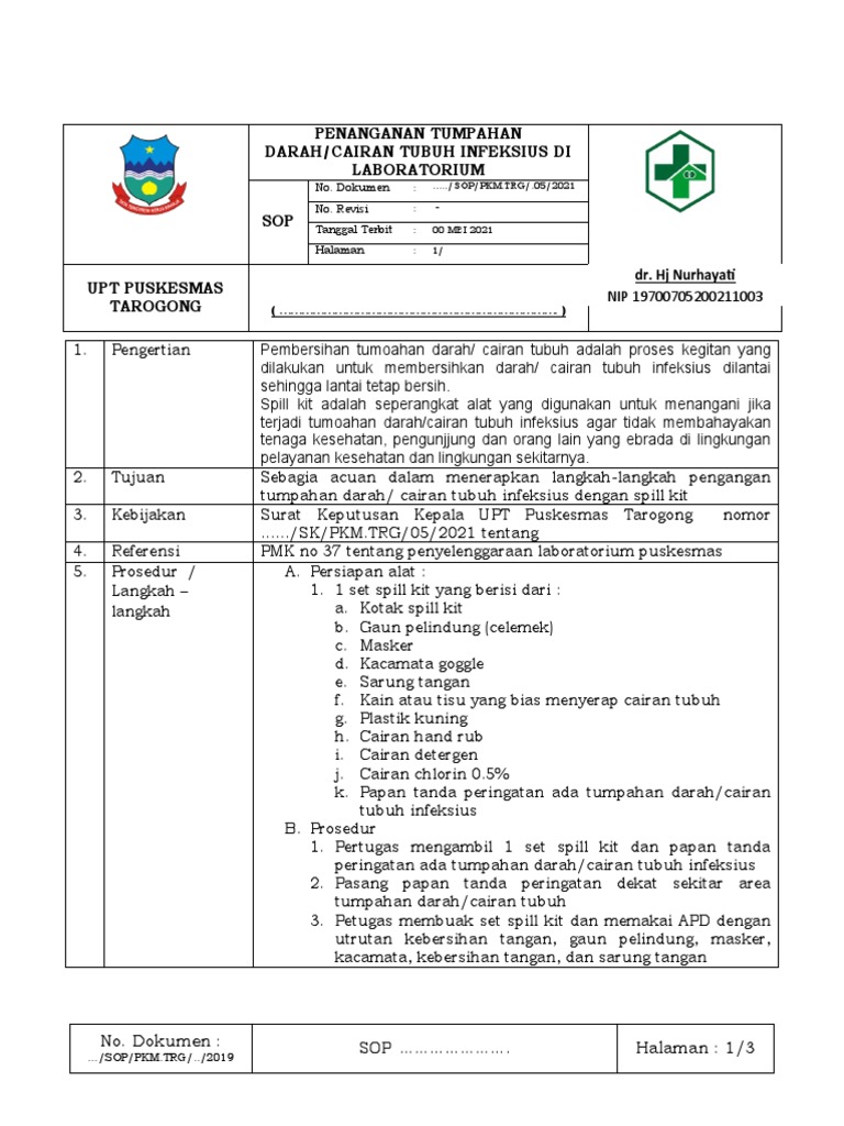 Sop Penanganan Tumpahan Darah Atau Cairan Infeksius Di Laboratorium | PDF | Sains & Matematika