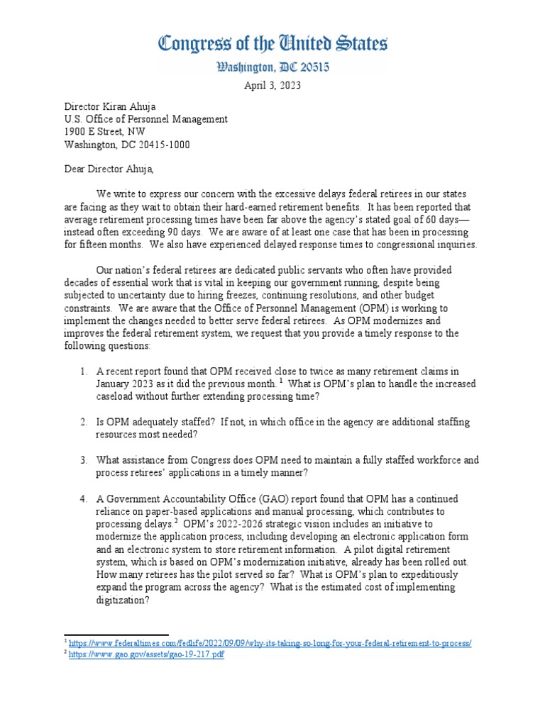 Letter From Congress Regarding OPM Retirement Backlog | PDF | United ...