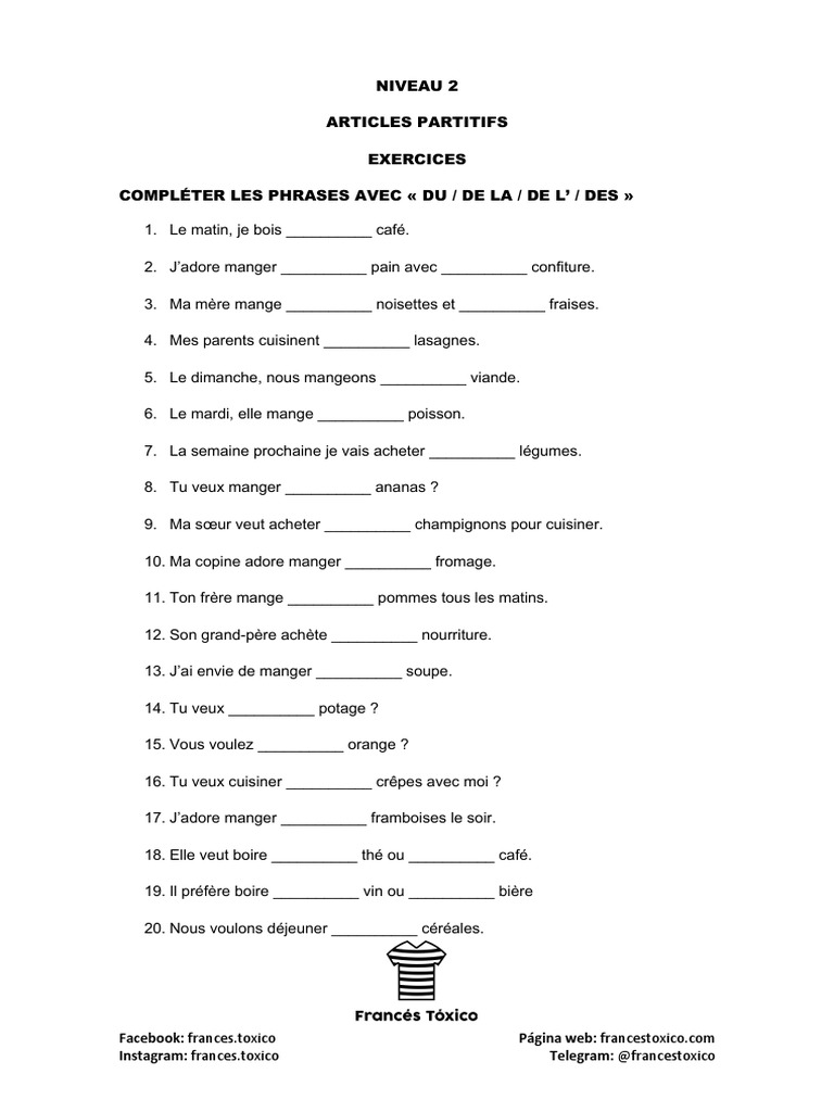 Exercices sur les articles partitifs | PDF | Nourriture et boisson ...