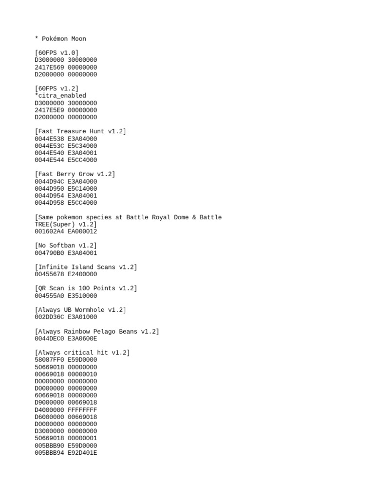 Pokémon Moon Cheat Codes Guide | PDF | Video Games | Pokémon