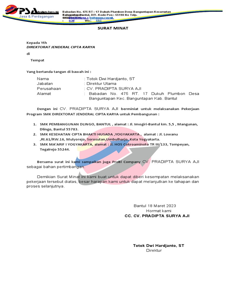 Surat Minat CV Pradipta Surya Aji | PDF