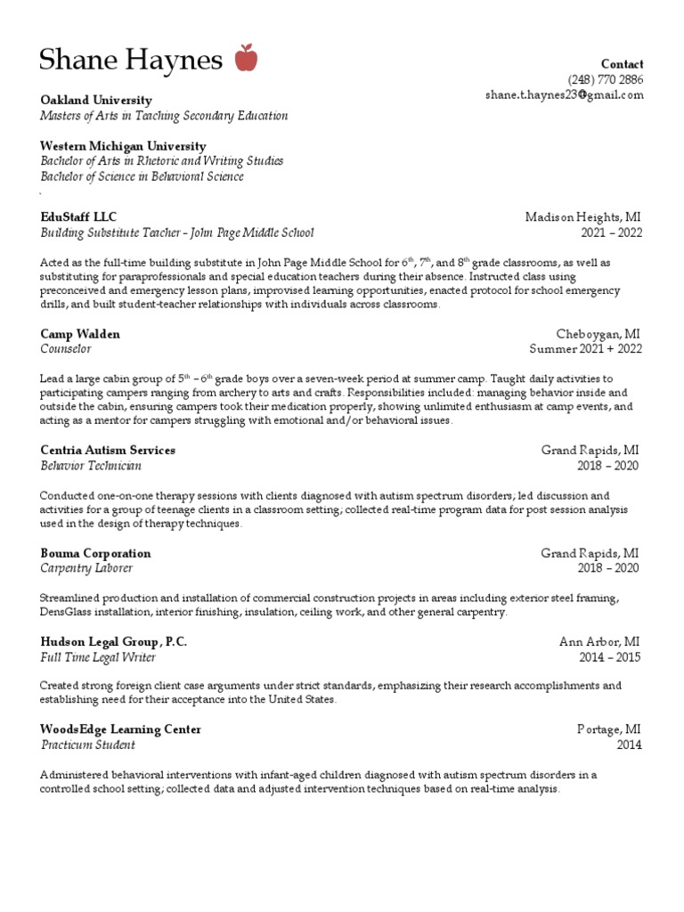 Shane Haynes Education Resume 1 | PDF | Teachers | Behavior Modification