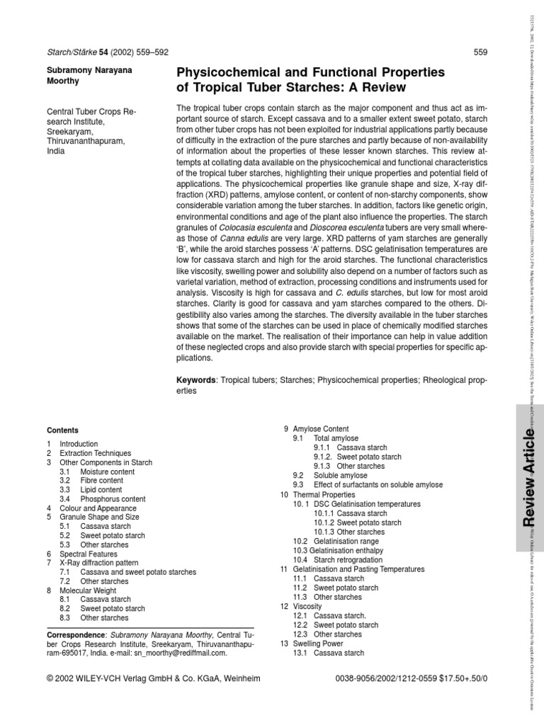Physicochemical and Functional Properties of Tropical Tuber Starches: A Review | PDF | Starch ...