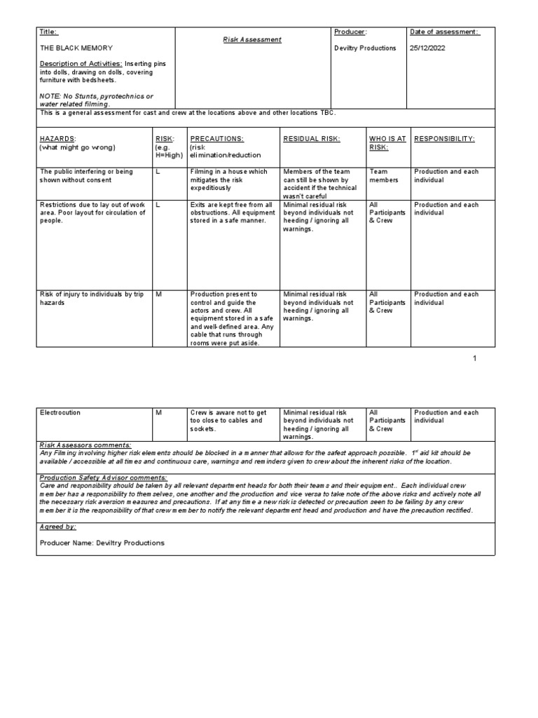 Film Production Risk Assessment Template | PDF | Risk | Occupational ...