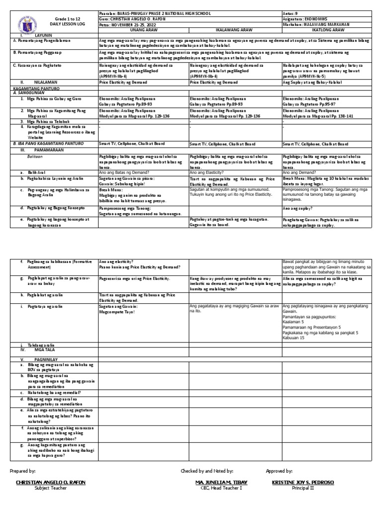 Grade 1 To 12 Daily Lesson Log Unang Araw Ikalawang Araw Ikatlong Araw ...