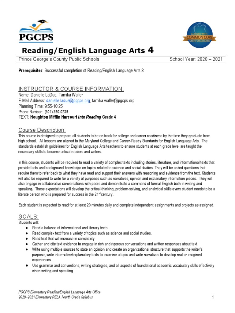 2020 2021 Elementary RELA Fourth Grade Syllabus PDF Cognitive 