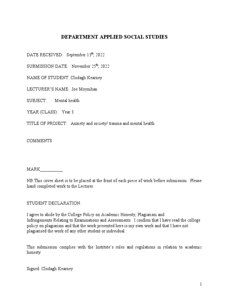 Anxiety Essay | PDF | Anxiety Disorder | Psychotherapy