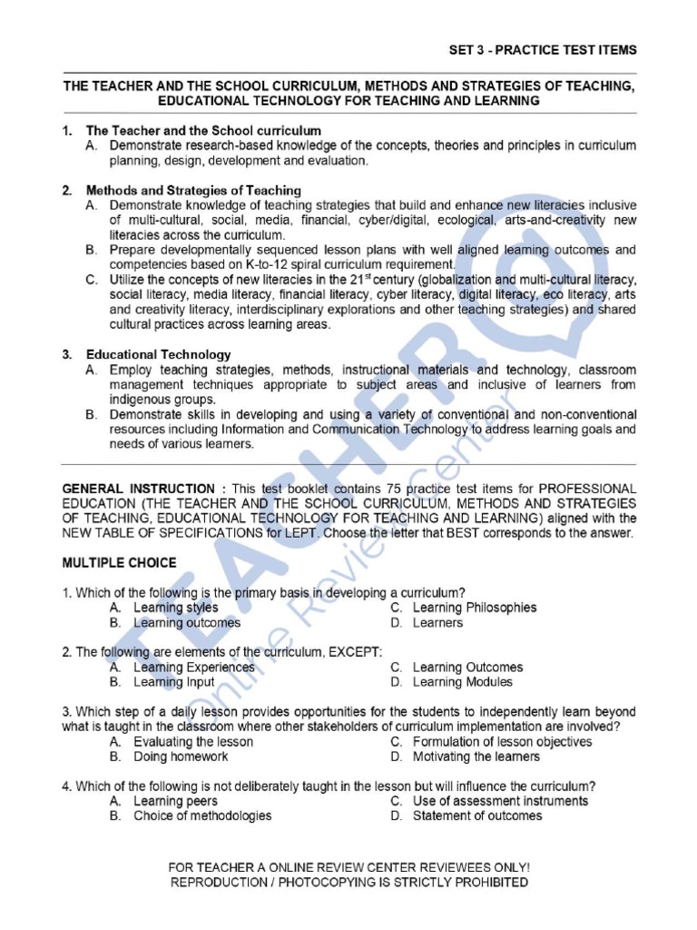 Pratice Test Set 3 The Teacher And The School Curriculum Methods And