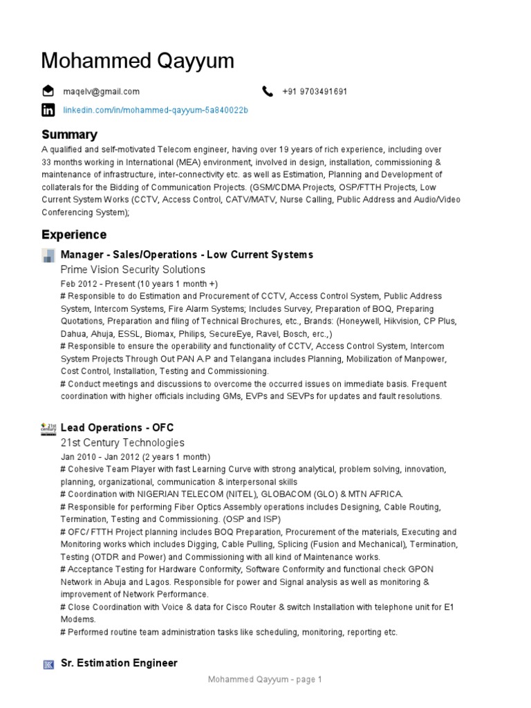 Resume Mohammed Qayyum | PDF | Specification (Technical Standard) | Fiber To The X
