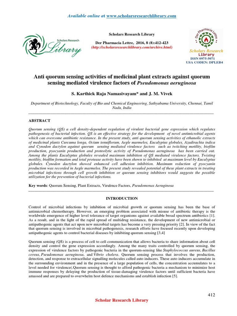 Anti Quorum Sensing Activities of Medicinal Plant Extracts Against Quorumsensing Mediated ...