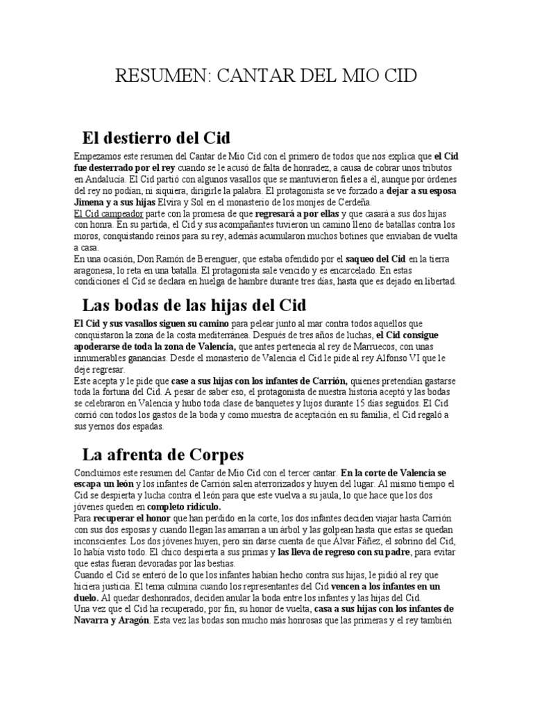 Resumen Cantar Del Mio Cid | PDF