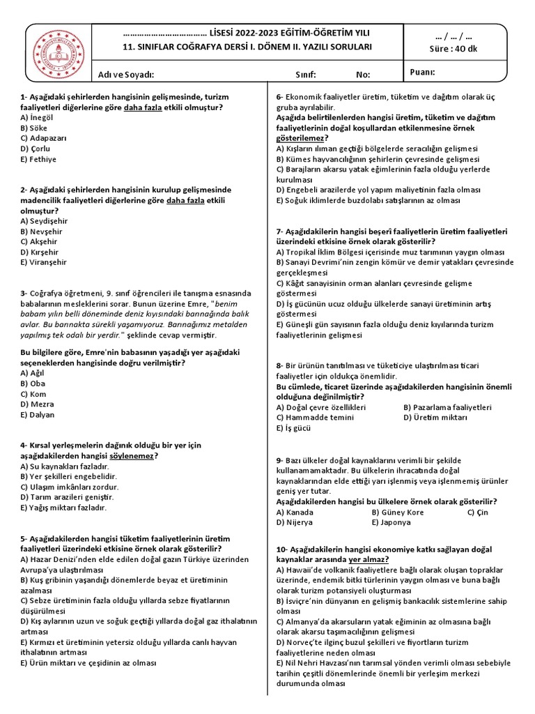 11 Sinif 1 Donem 2 Yazili 2023 | PDF