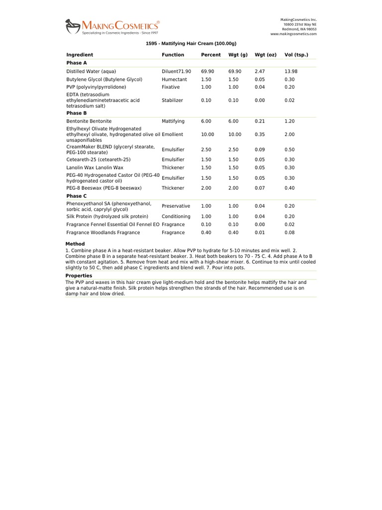 Hair Cream Formulation Guide | PDF | Chemical Substances | Chemistry