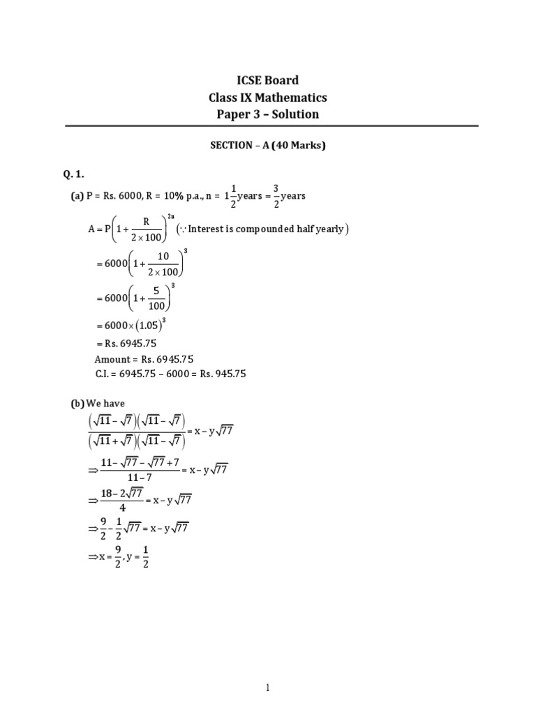 ICSE Board Class IX Mathematics Paper 3 - Solution: SECTION - A (40 Marks) Q. 1 | PDF | Triangle ...