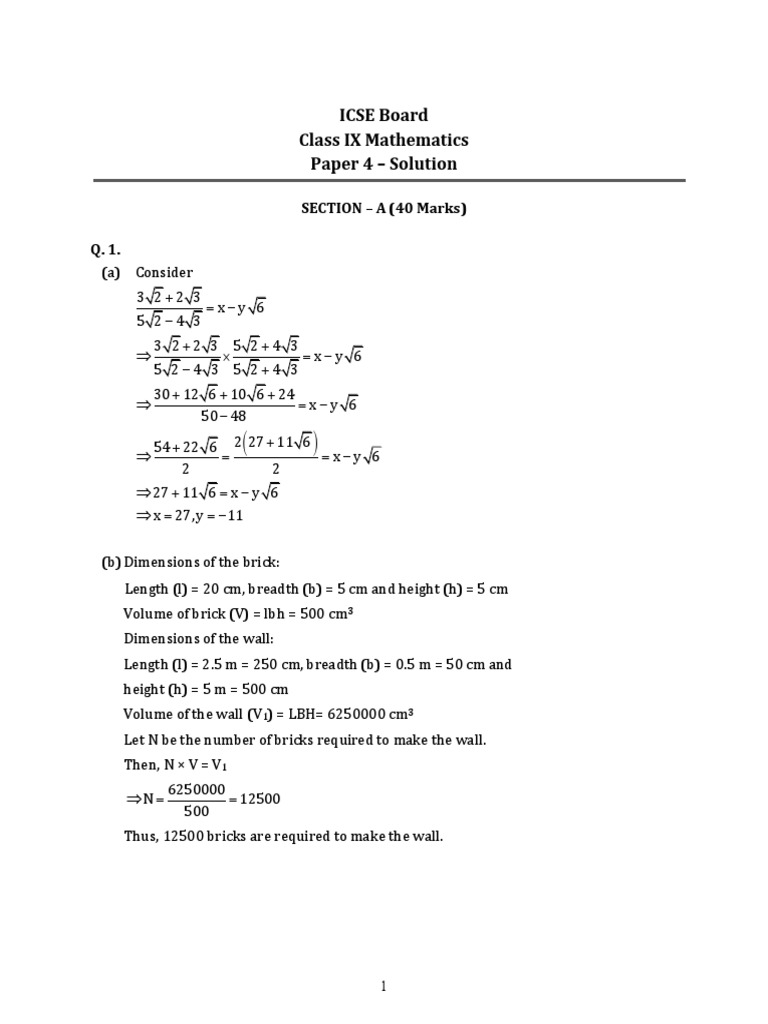 ICSE Board Class IX Mathematics Paper 4 - Solution: SECTION - A (40 Marks) Q. 1 | PDF ...