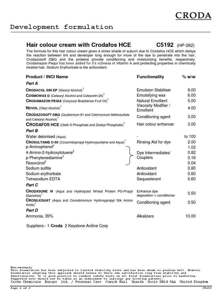 Development Formulation: Hair Colour Cream With Crodafos HCE C5192 | PDF | Chemistry | Chemical ...