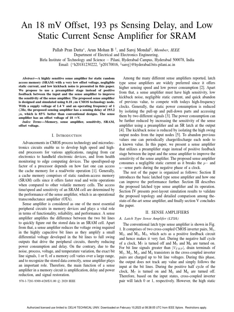 An 18 MV Offset 193 Ps Sensing Delay and Low Static Current Sense ...