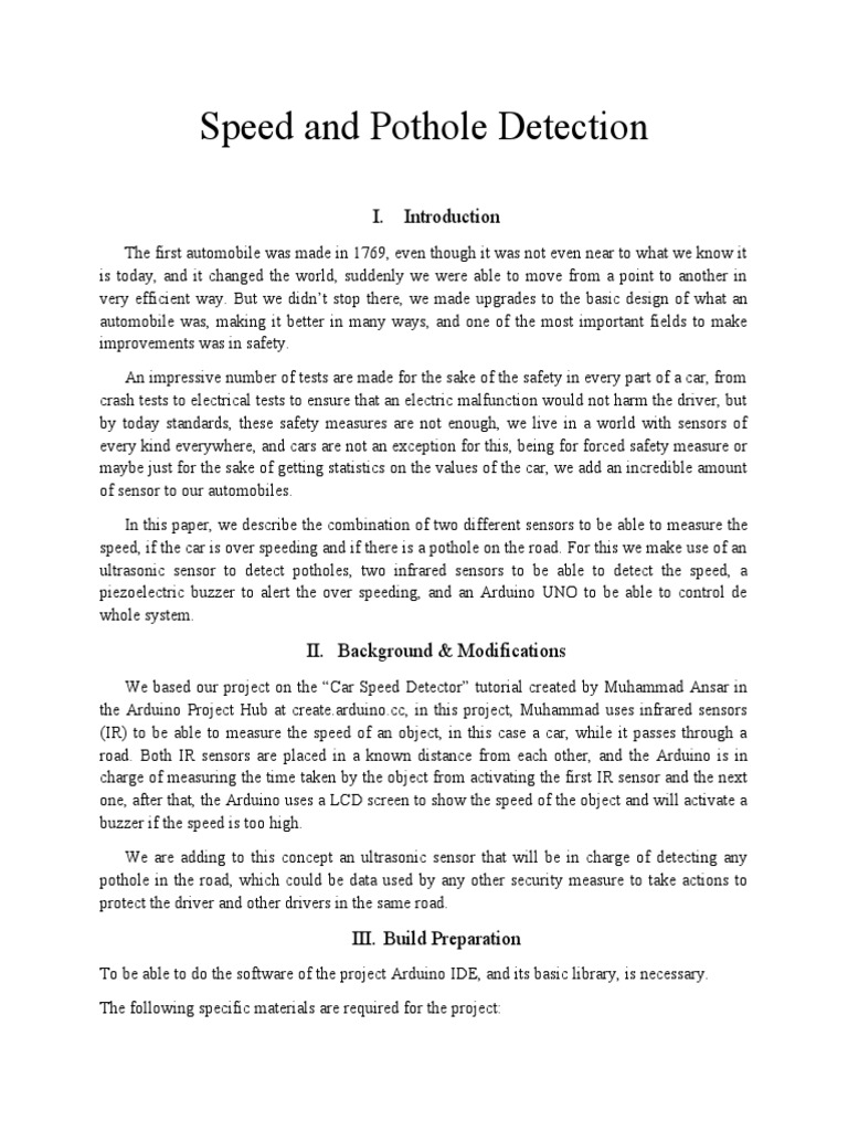 Speed and Pothole Detection System | PDF | Arduino | Sensor