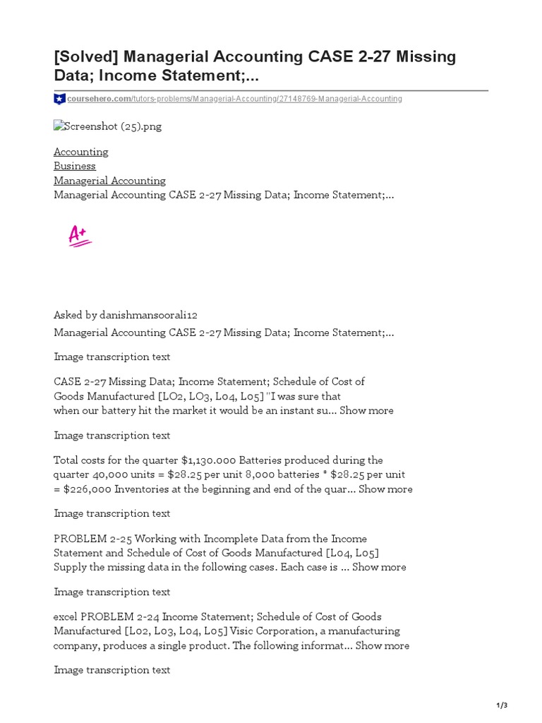 Coursehero Com Solved Managerial Accounting CASE 2 27 Missing Data | PDF | Management Accounting ...
