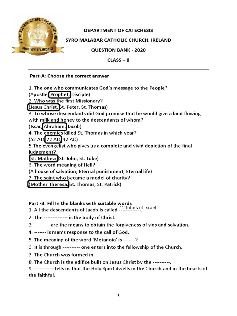 Syro Malabar Class 8 Question Bank 2020 | PDF | Catholic Church | Jesus